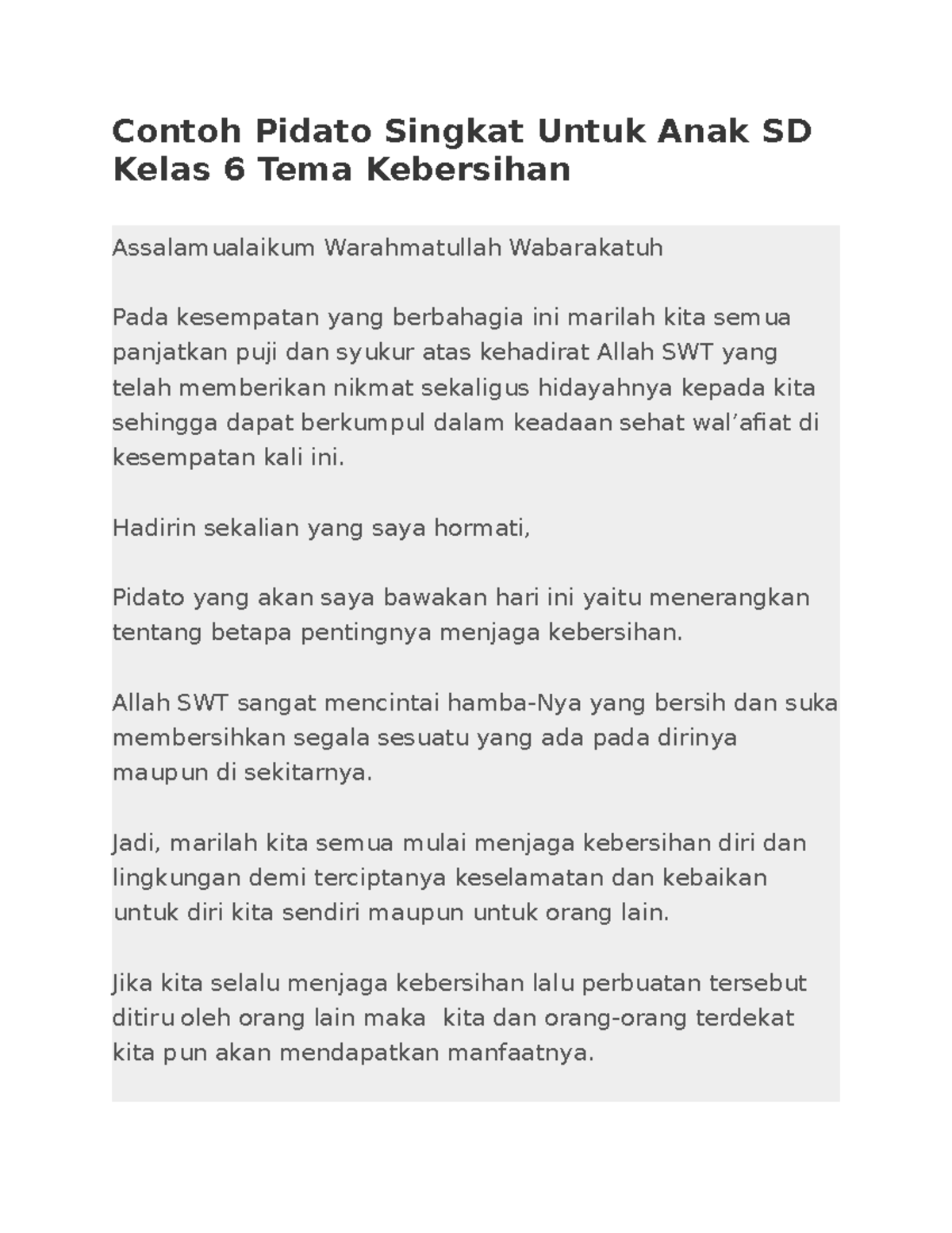 Contoh Pidato Singkat SD Kelas 6: Tema Kebersihan dan Kesehatan - Studocu