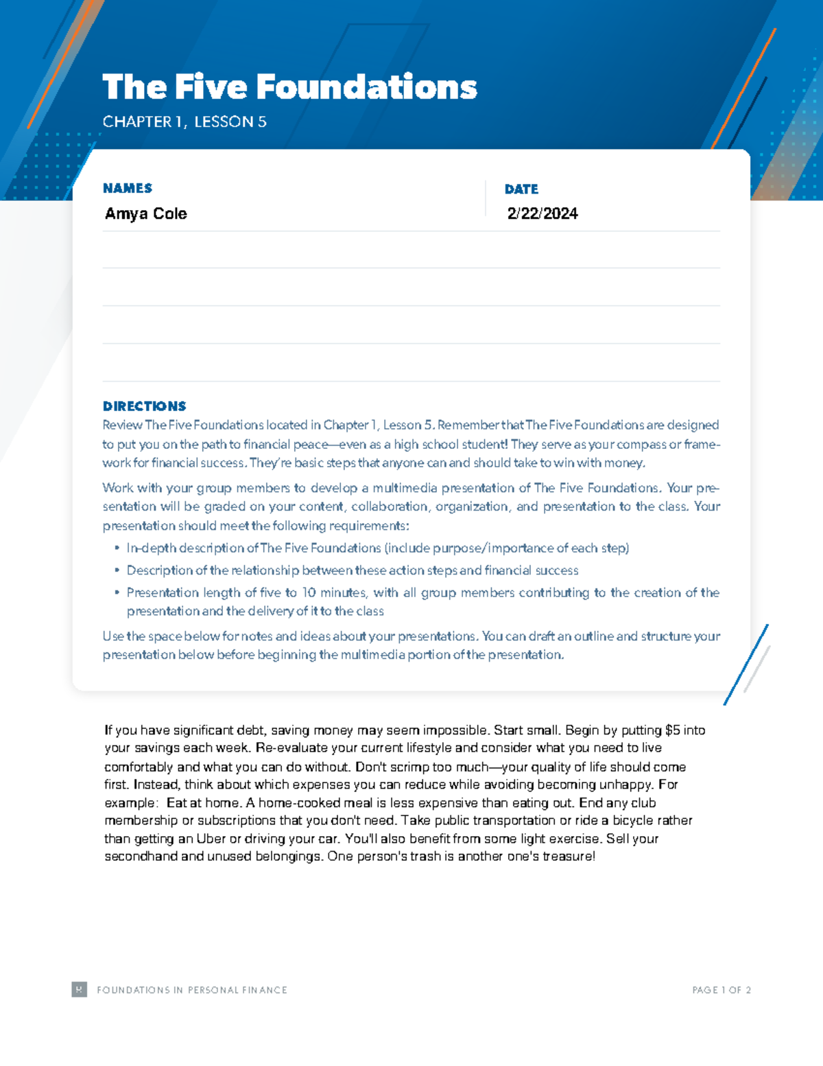 Foundations in Personal Finance: Chapter 1, Lesson 5 Overview - Studocu