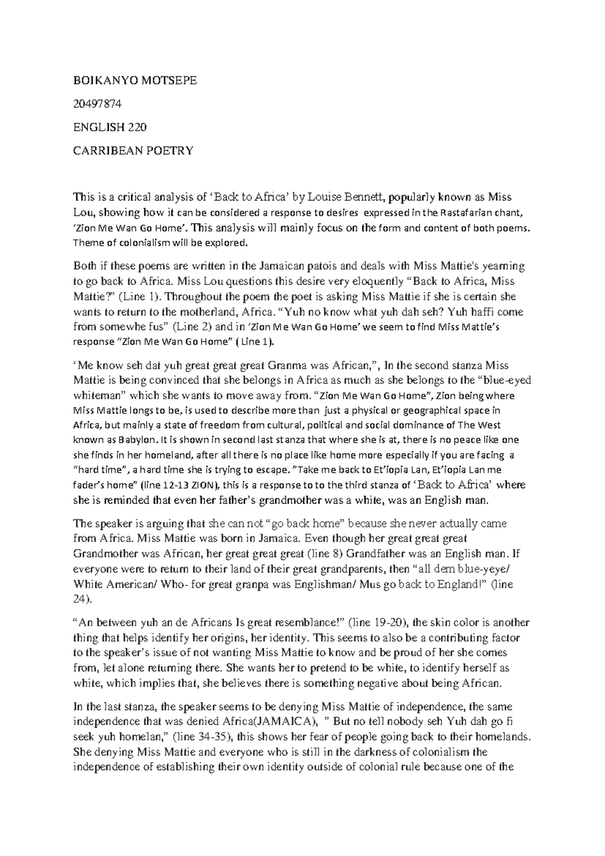 Critical Analysis of Caribbean Poetry: 'Back to Africa' & Rastafarian ...