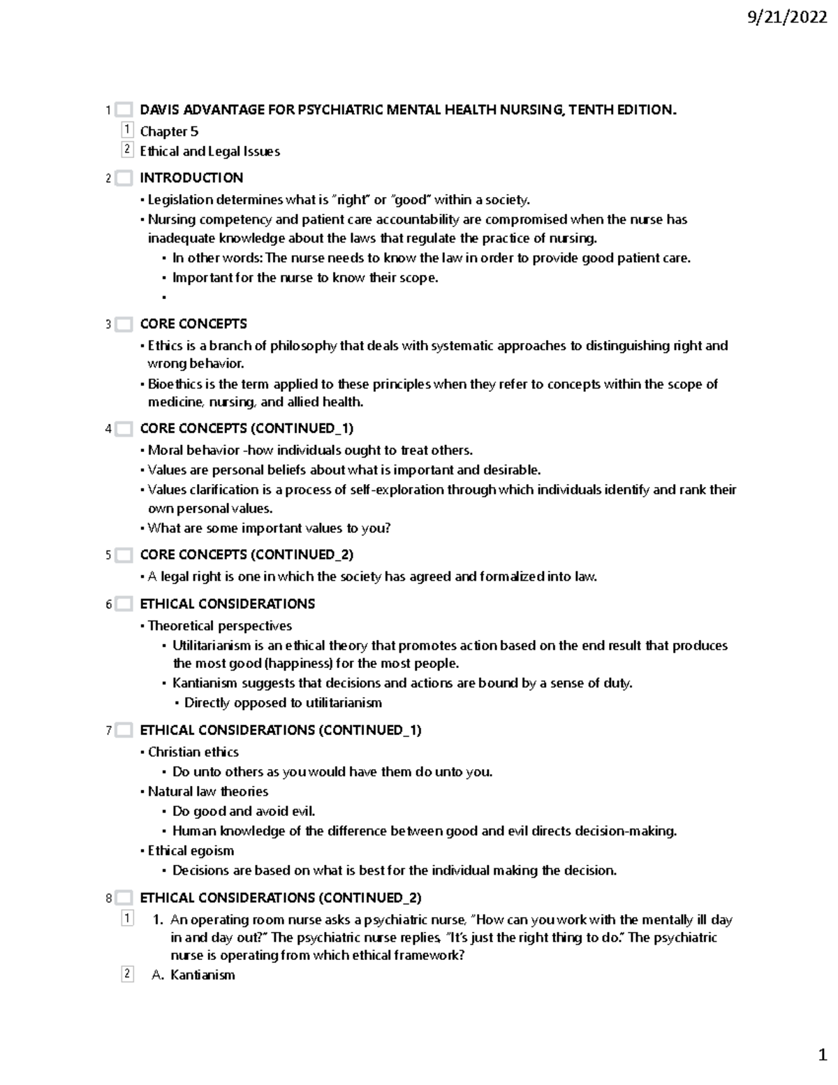 Chapter 5 outline - Notes - DAVIS ADVANTAGE FOR PSYCHIATRIC MENTAL ...