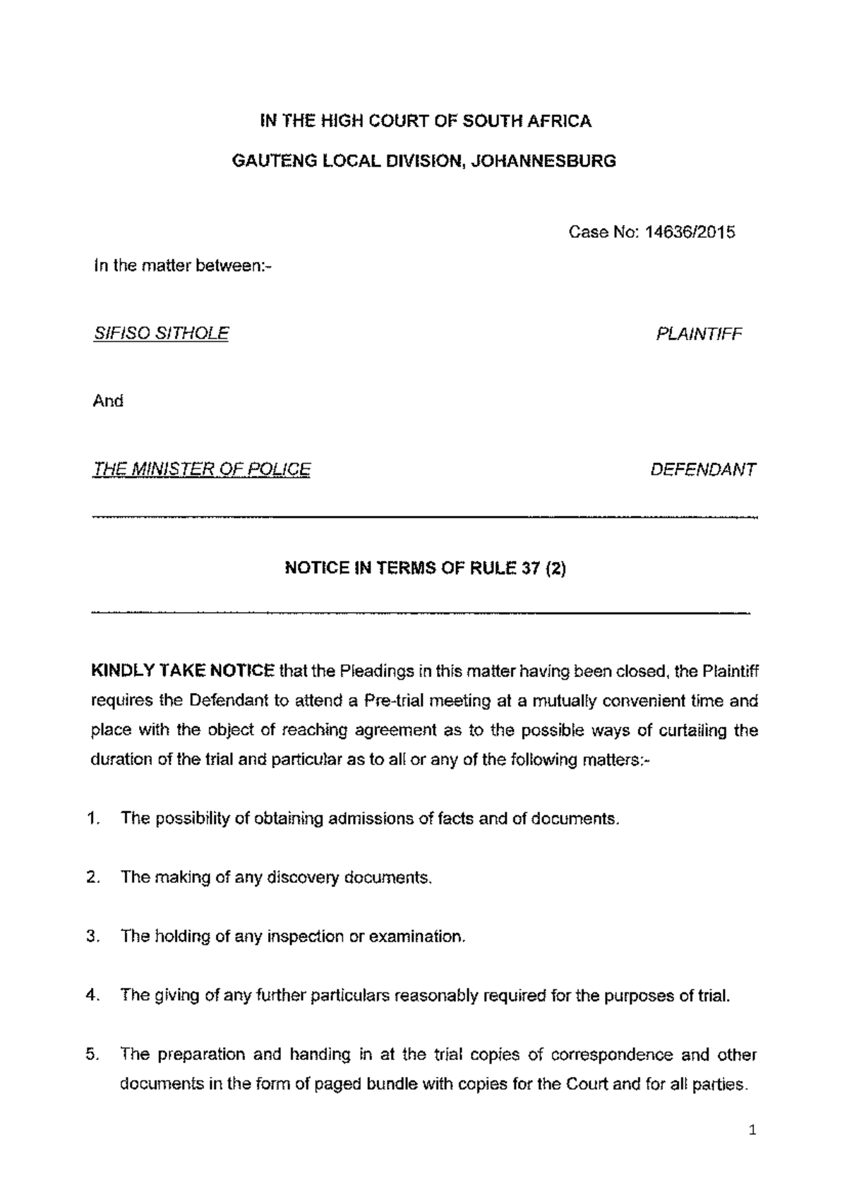 Notice in Terms of Rule 37(2) - Sifiso Sithole Case, 21 July 2025 - Studocu