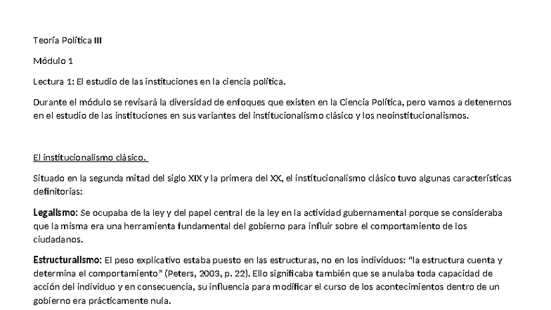 Teoría Política Módulo 1: Institucionalismo Clásico y ...