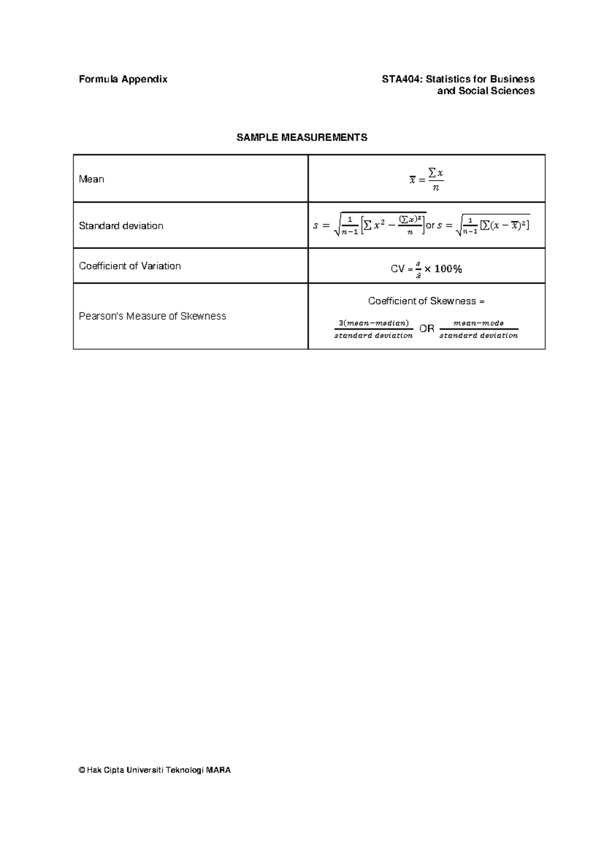 Formula Appendix for STA404: Statistics for Business & Social Sciences ...