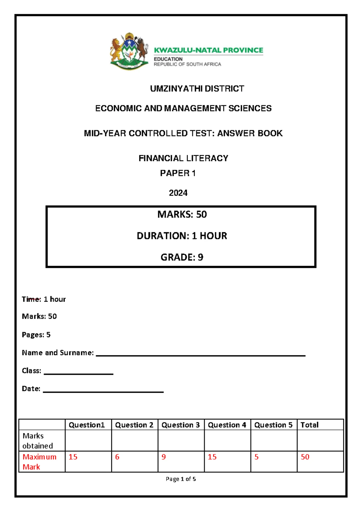 EMS Grade 9 Mid-Year 2024 Controlled Test Marking Guidelines - Studocu