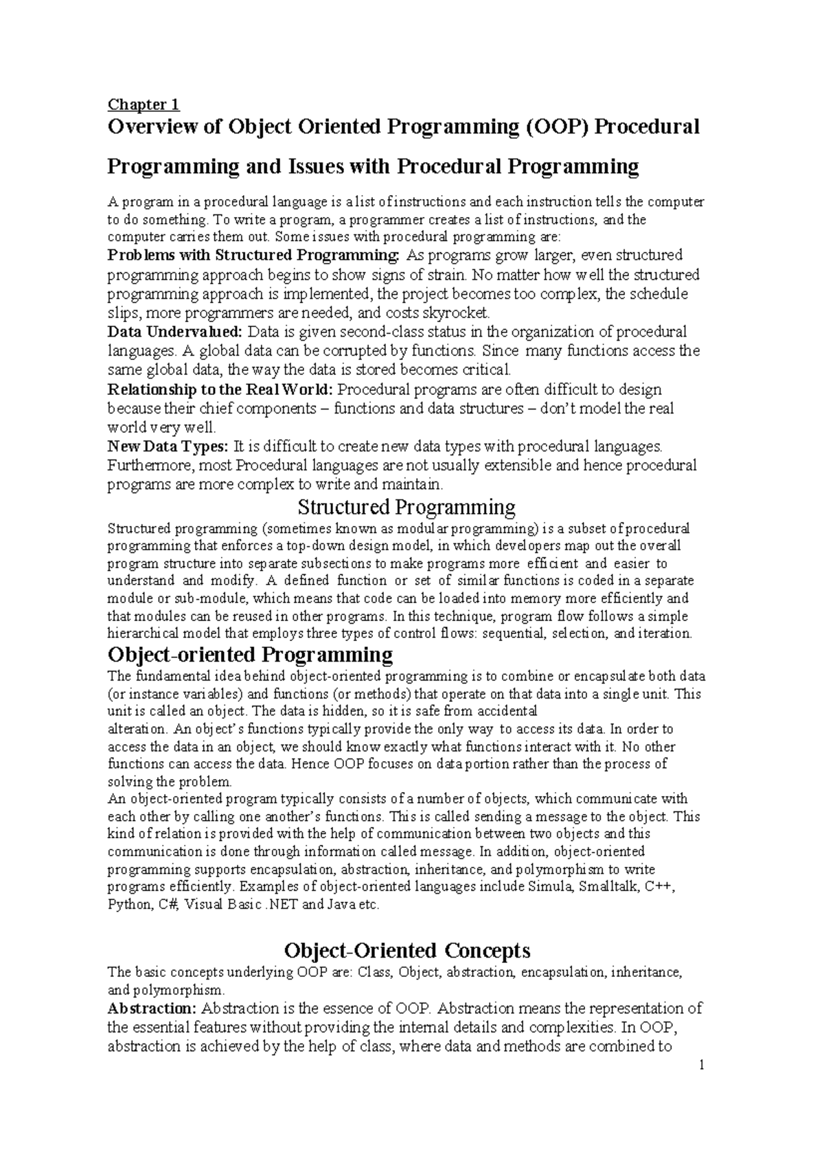 Chapter 1: Overview of OOP & Procedural Programming Issues (CS101) - Studocu