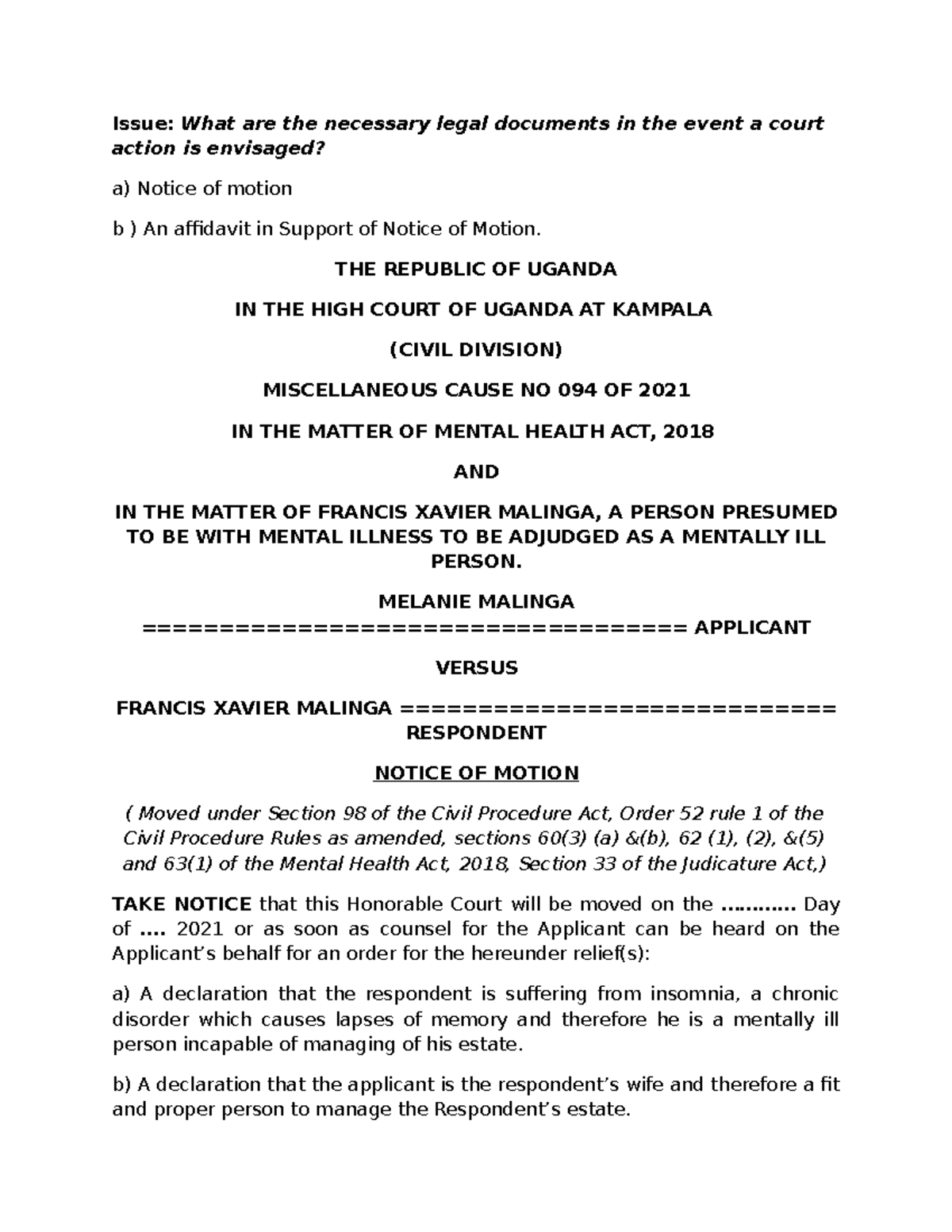 Draft documents under Administration of Estates of Missing persons and ...