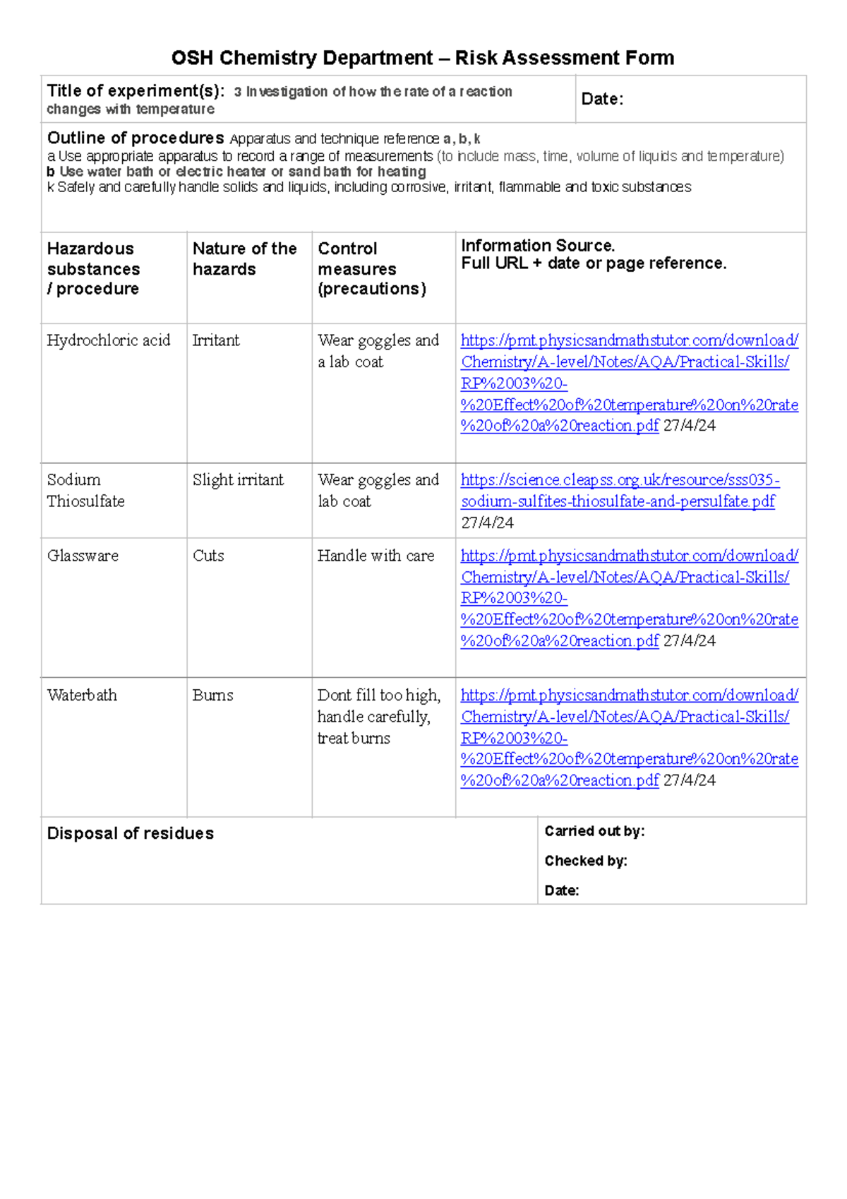 Chem Risk Assessment 3: Reactions & Temperature Effects Analysis - Studocu
