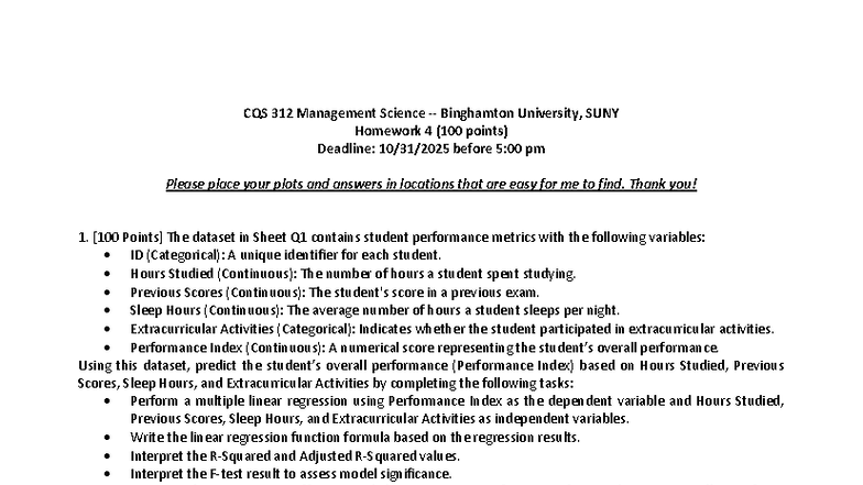 CQS 312 Management Science Homework 4: Multiple Linear Regression Analysis - Studocu