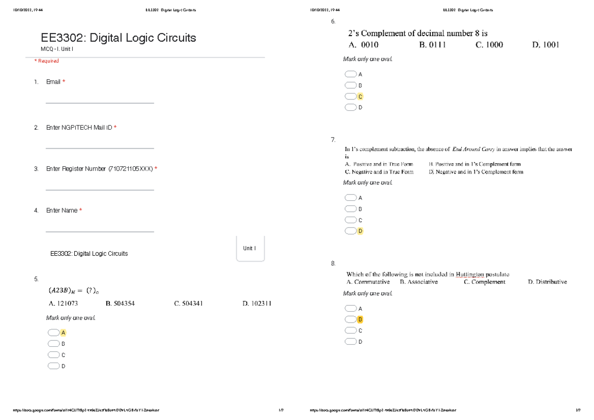 EE3302: Digital Logic Circuits Unit I MCQ I - Study Notes - Studocu