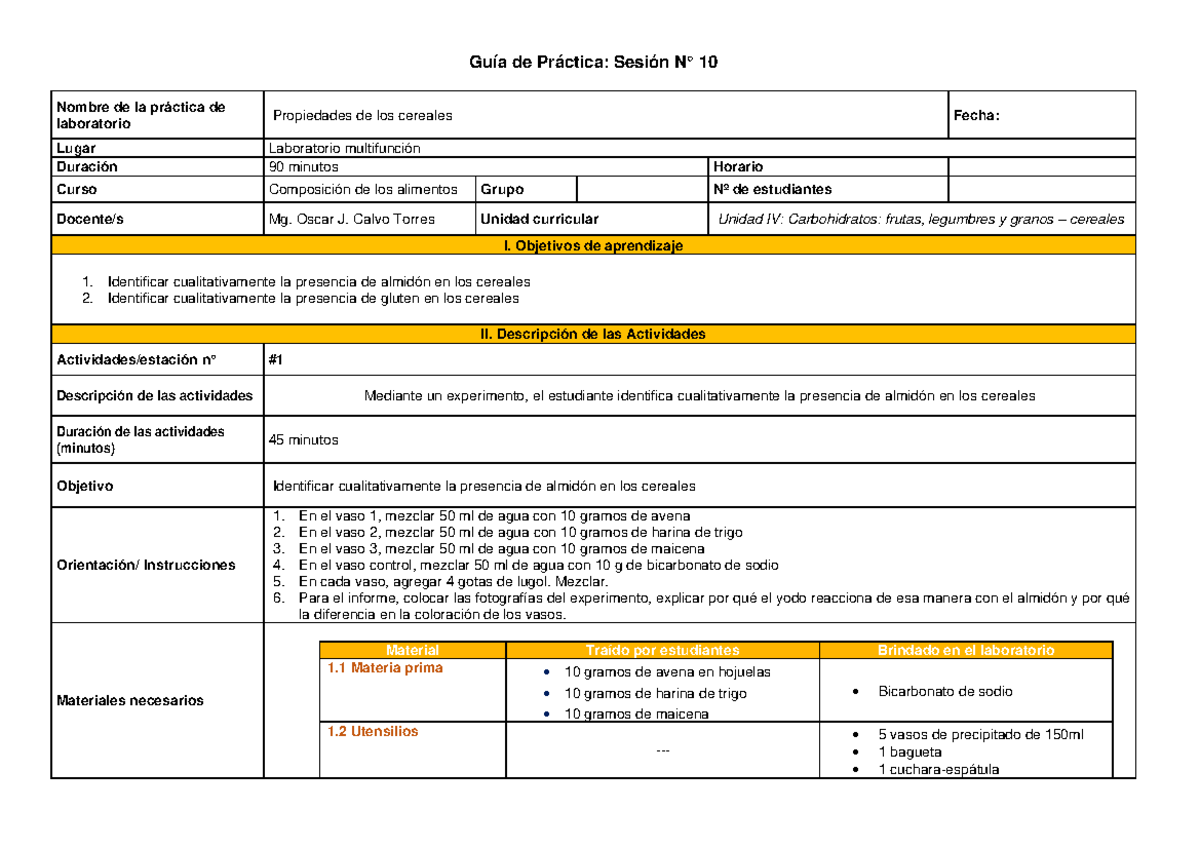 Guía de Práctica: Sesión 10 - Identificación de Almidón y Gluten en ...