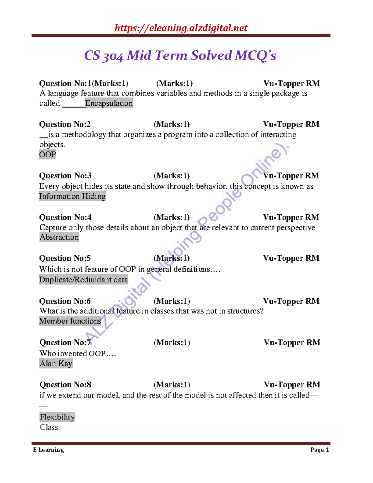 CS 304 Midterm Solved MCQs on Object-Oriented Programming Concepts - Studocu