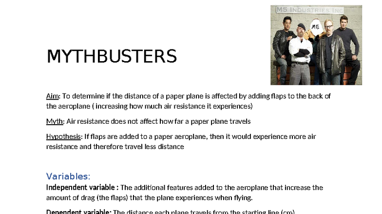 MYTHBUSTERS: The Impact of Flaps on Paper Plane Distance (SCI101) - Studocu