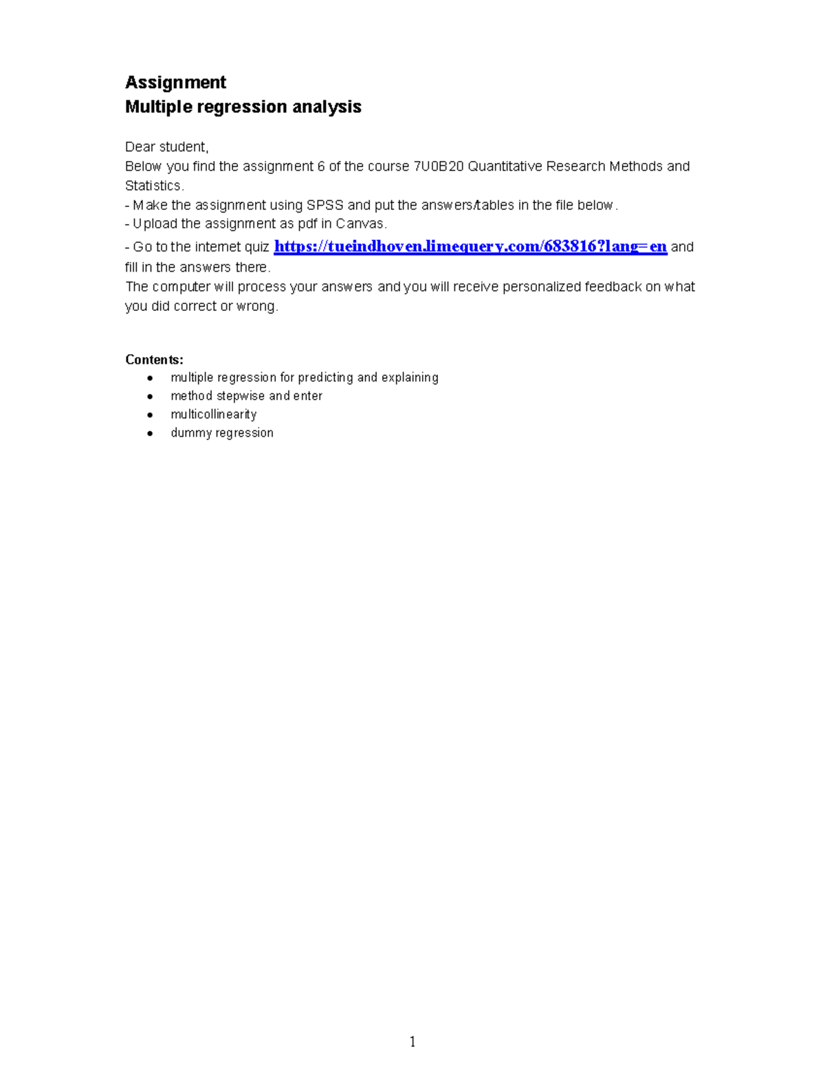 SPSS Assignment 6: Multiple Regression Analysis in 7U0B20 - Studeersnel