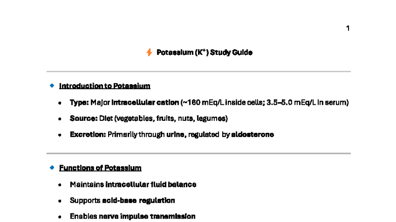 Potassium (K) Study Guide: Functions, Imbalances & Management - Studocu