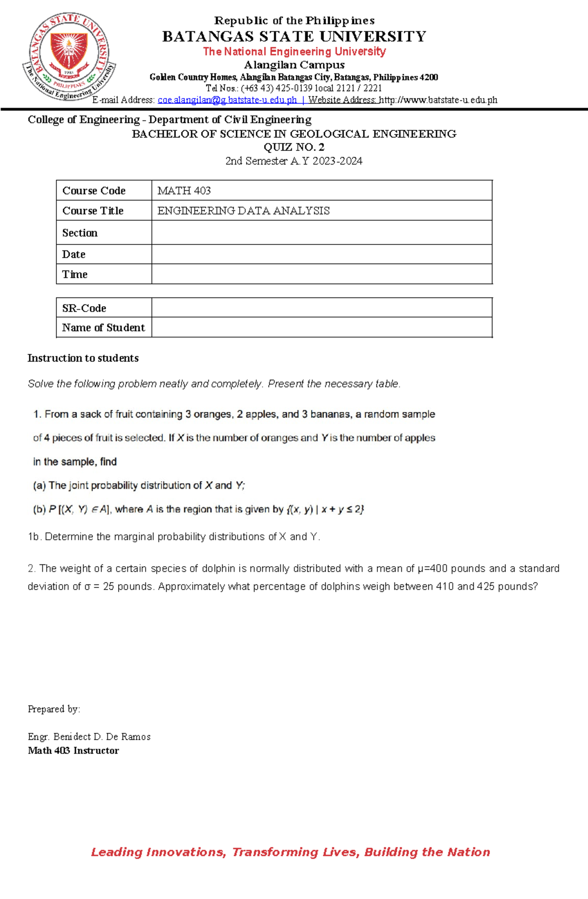 Math 403 Engineering Data Analysis Quiz 2 Solutions and Instructions - Studocu