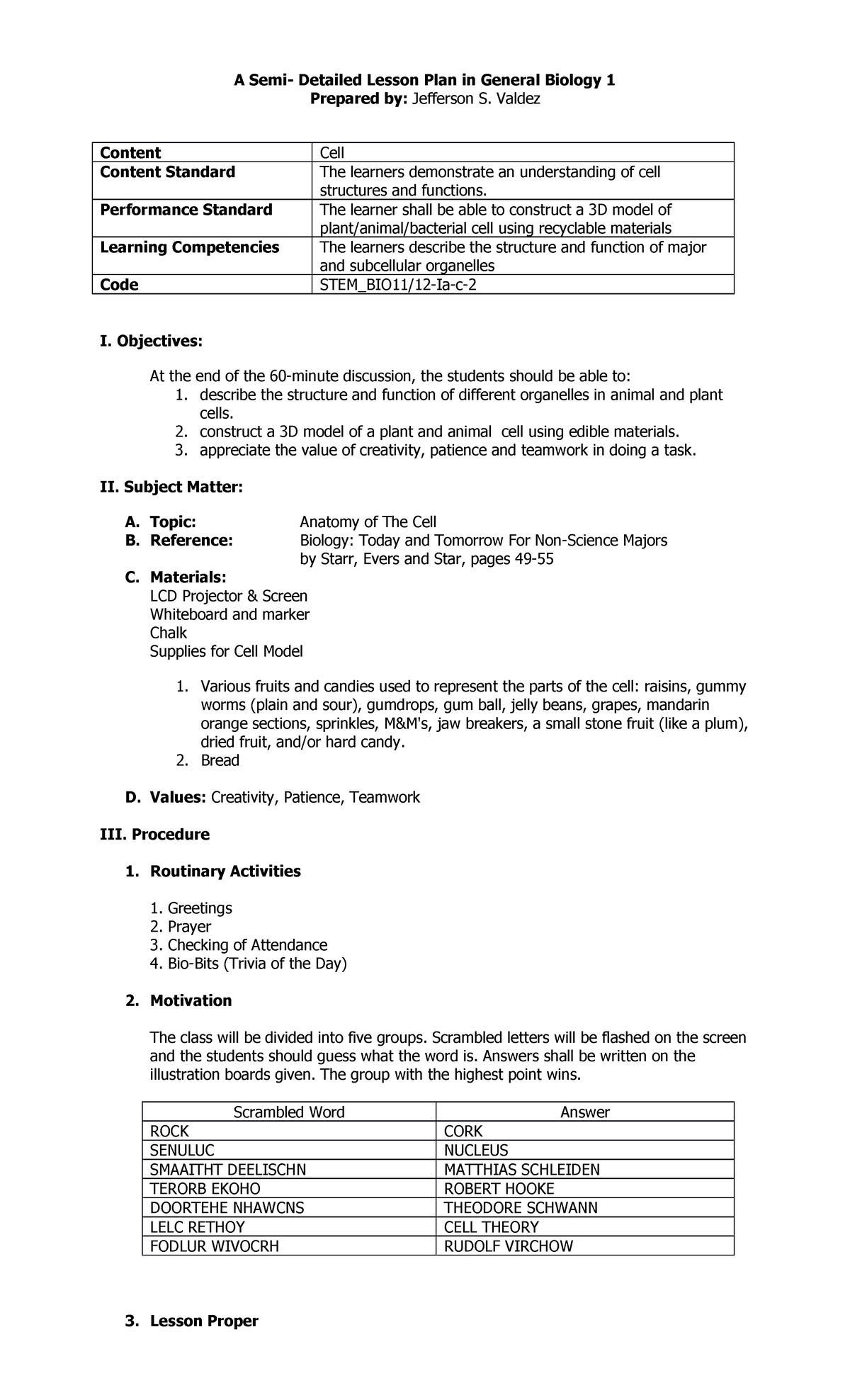General Biology 1: Detailed Lesson Plan on Cell Structures and ...