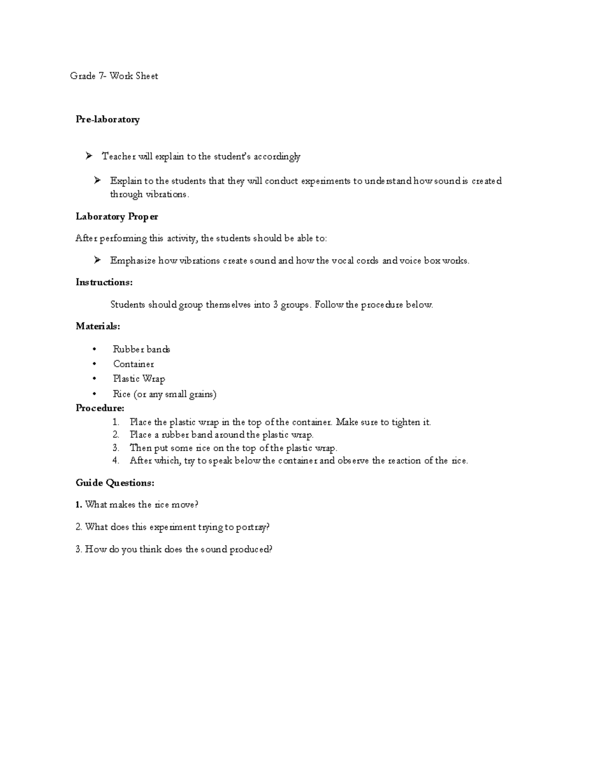 Grade 7-9 Sound Waves Experimentation Worksheets - Studocu