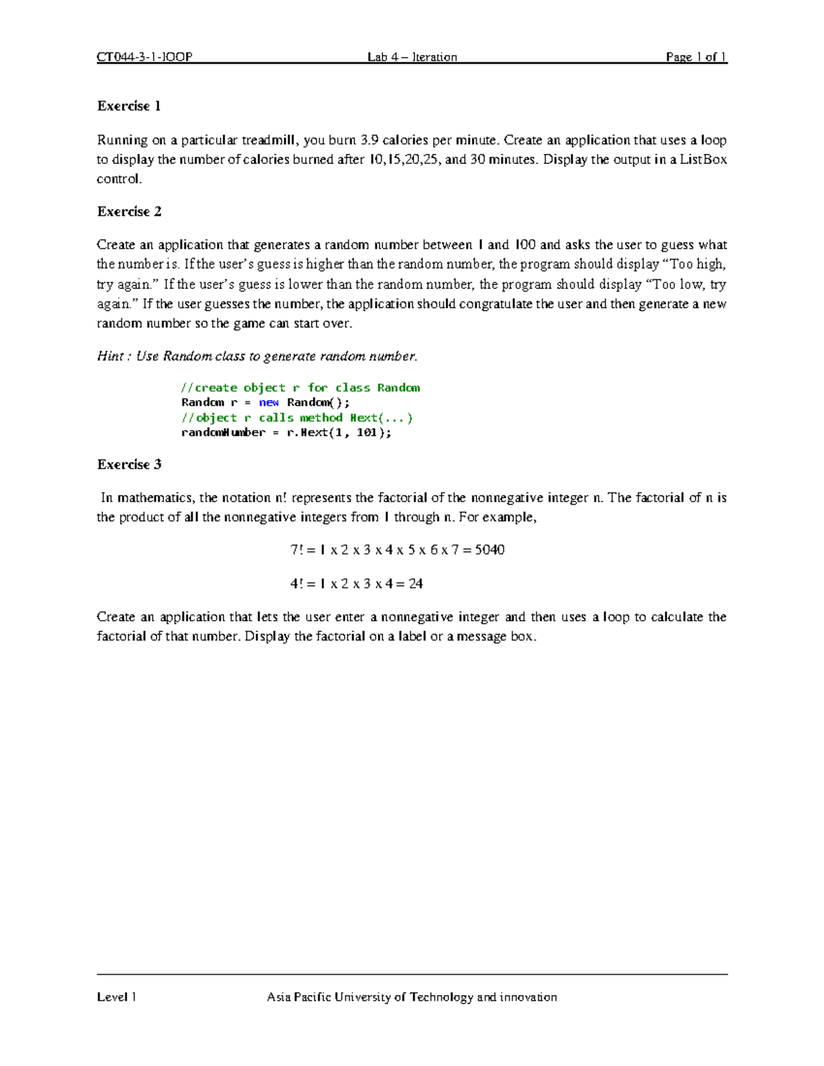 Lab 4: Looping Exercises in Object Oriented Programming - Studocu