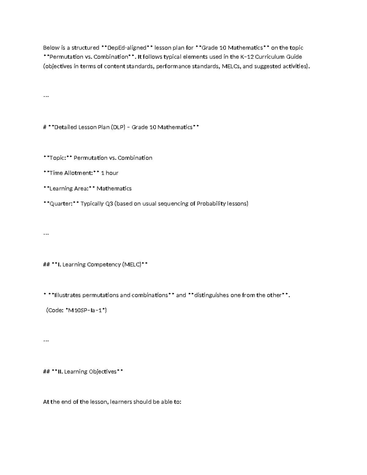 Grade 10 Math Lesson Plan: Permutation vs. Combination (DLP) - Studocu