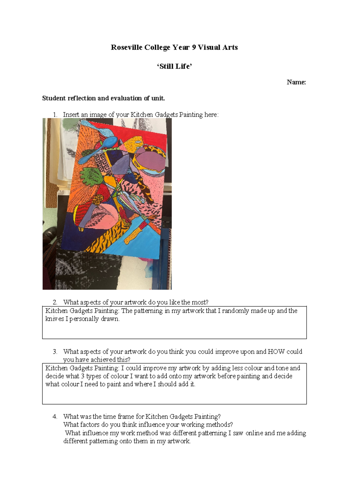 9VA Still Life Evaluation Task 1 Reflection 2022 - Studocu