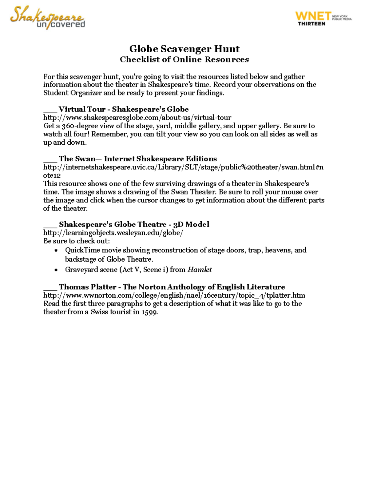 Globe Scavenger Hunt Checklist: Online Resources for Shakespeare's Era - Studocu