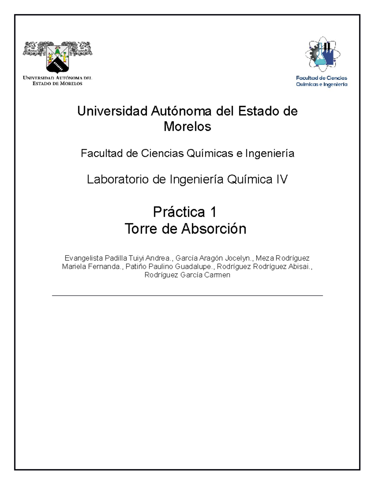 Reporte de Práctica de Laboratorio IV: Torre de Absorción - Studocu