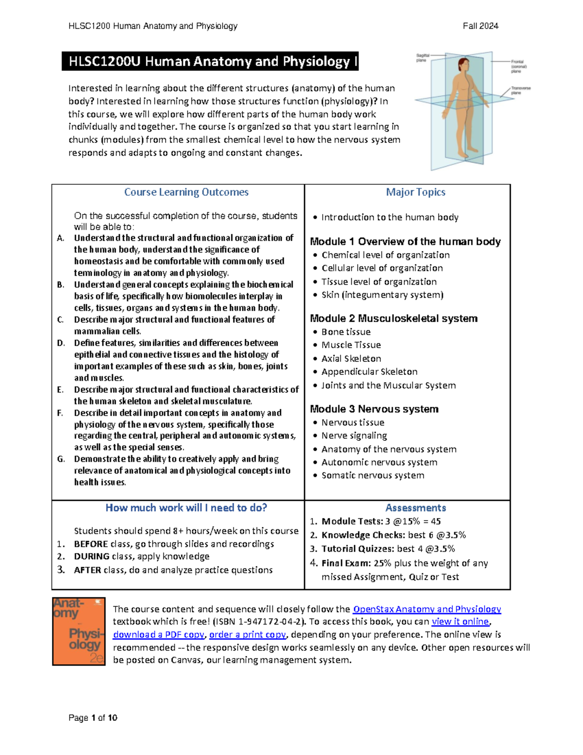 Course Outline Fall 2024 2025 - HLSC1200U Human Anatomy and Physiology ...