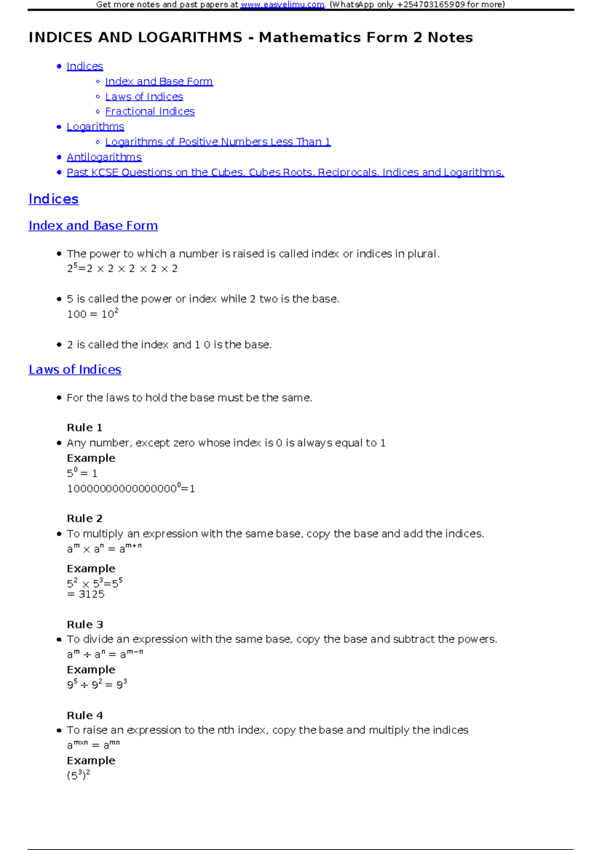 Mathematics Form 2 notes on indices and logarithms - Studocu