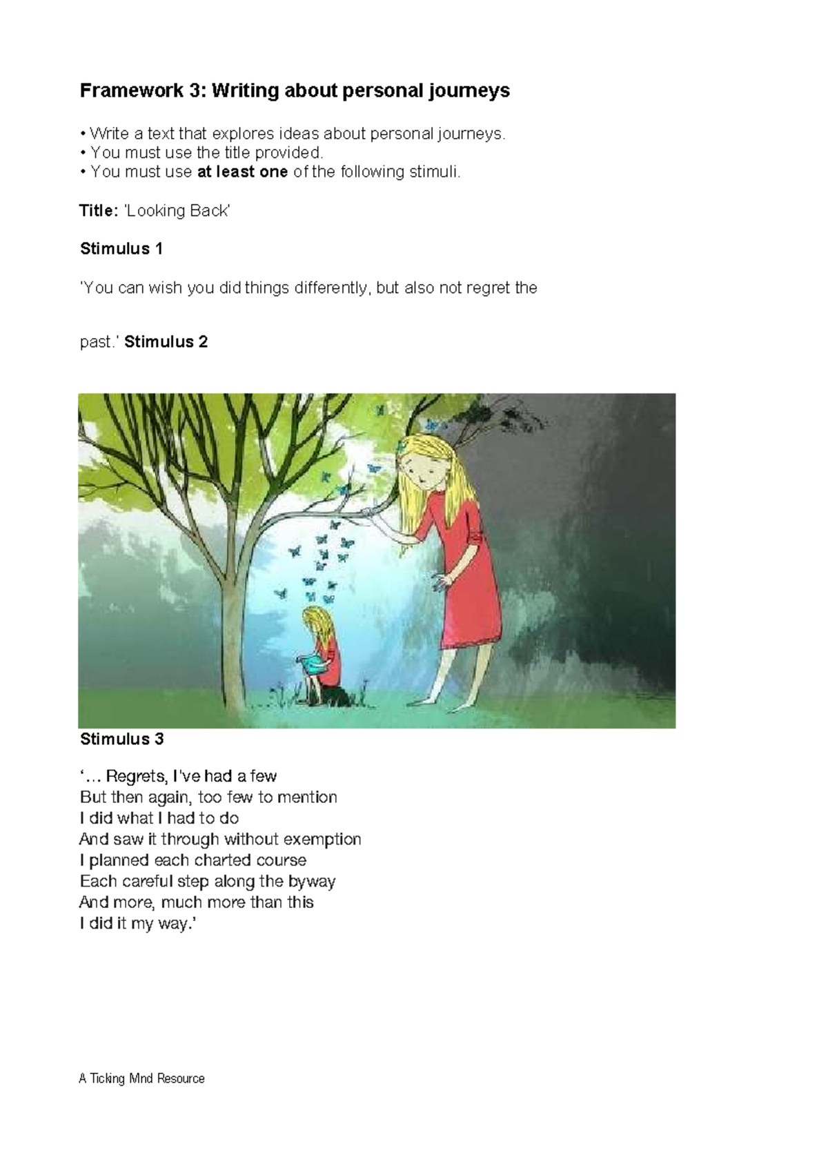 Prompt Sheet 8 No regrets - Framework 3: Writing about personal ...