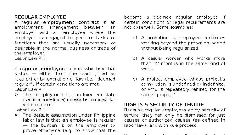 Labor LAW Finals Reviewer - REGULAR EMPLOYEE A regular employment ...