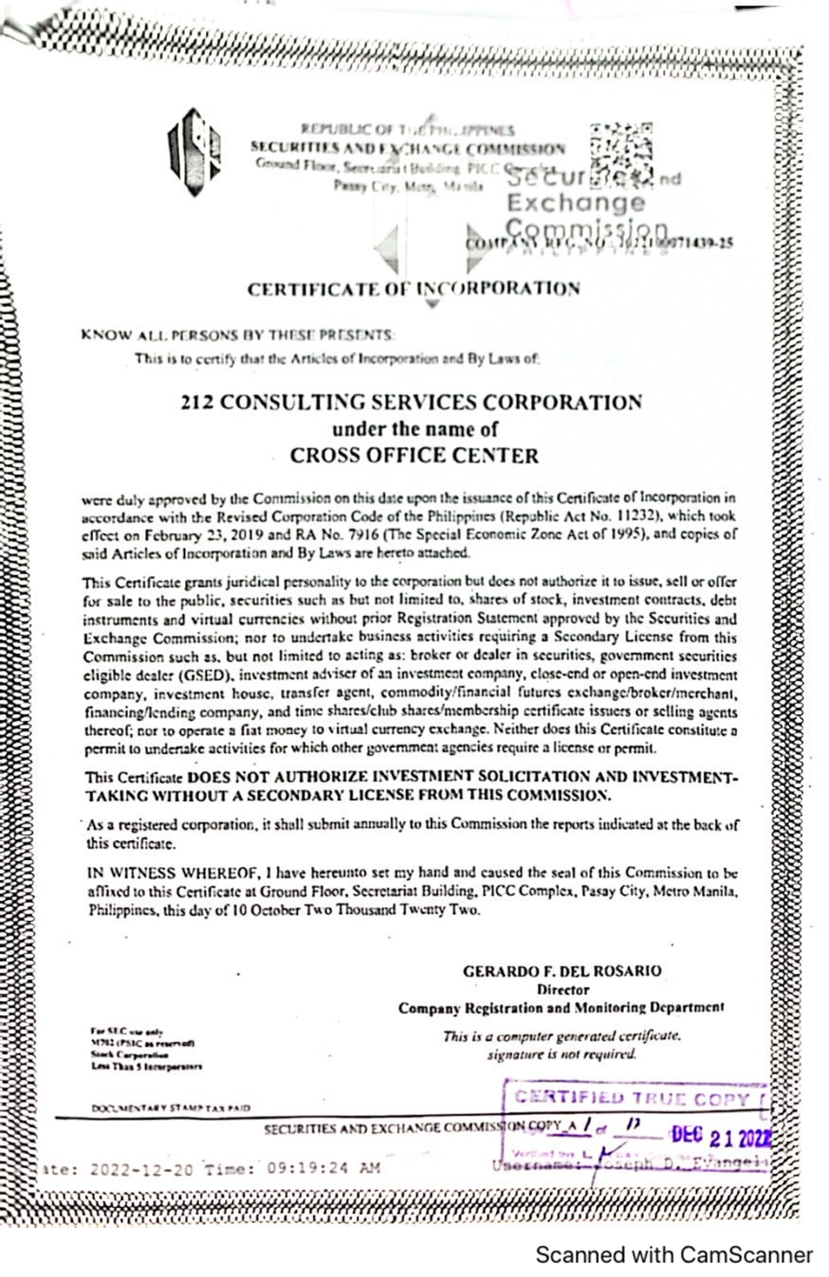 Certificate of Incorporation: 212 Consulting Services Corp. SEC - Studocu