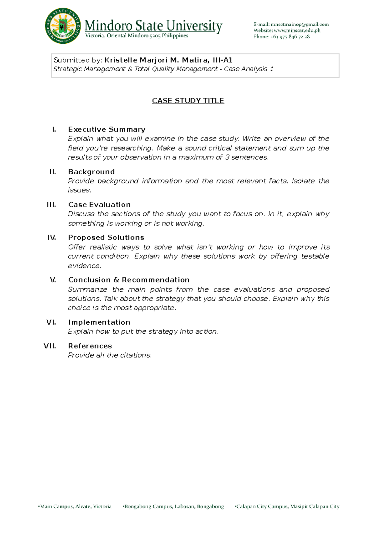 CASE Study Analysis Format - CASE STUDY TITLE I. Executive Summary ...