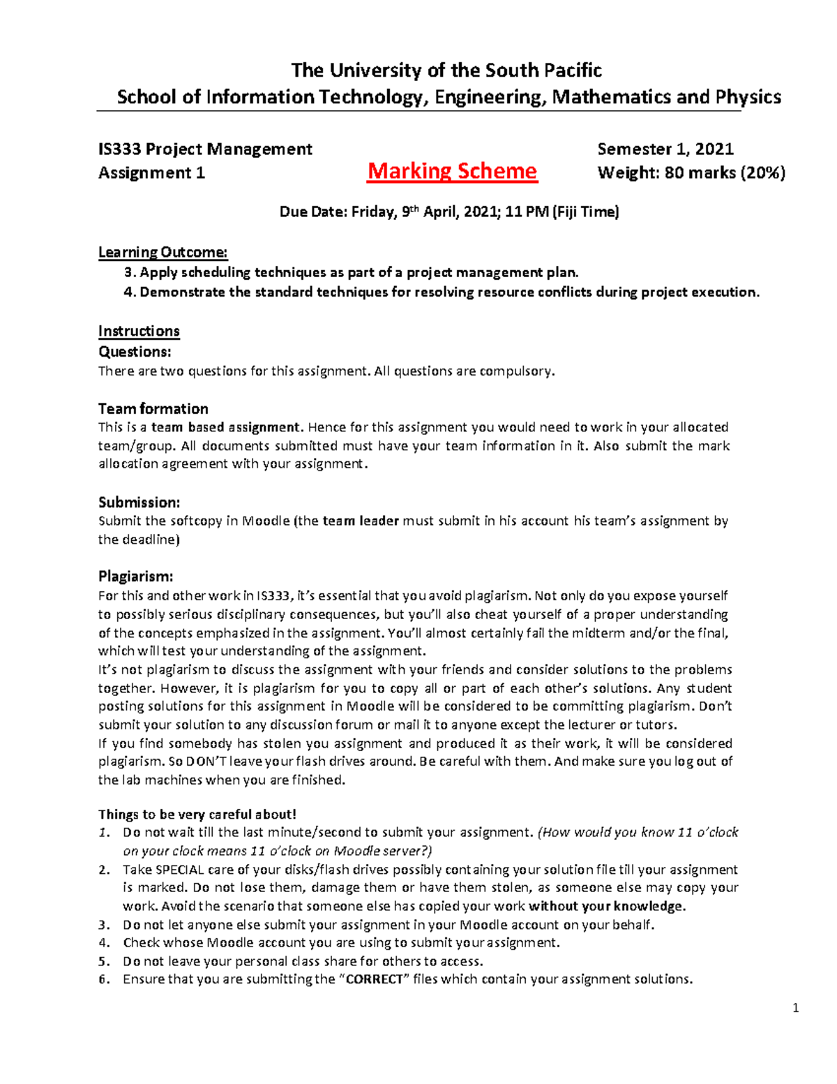 IS333 Project Management Assignment 1 Marking Scheme - Semester 1, 2021 ...
