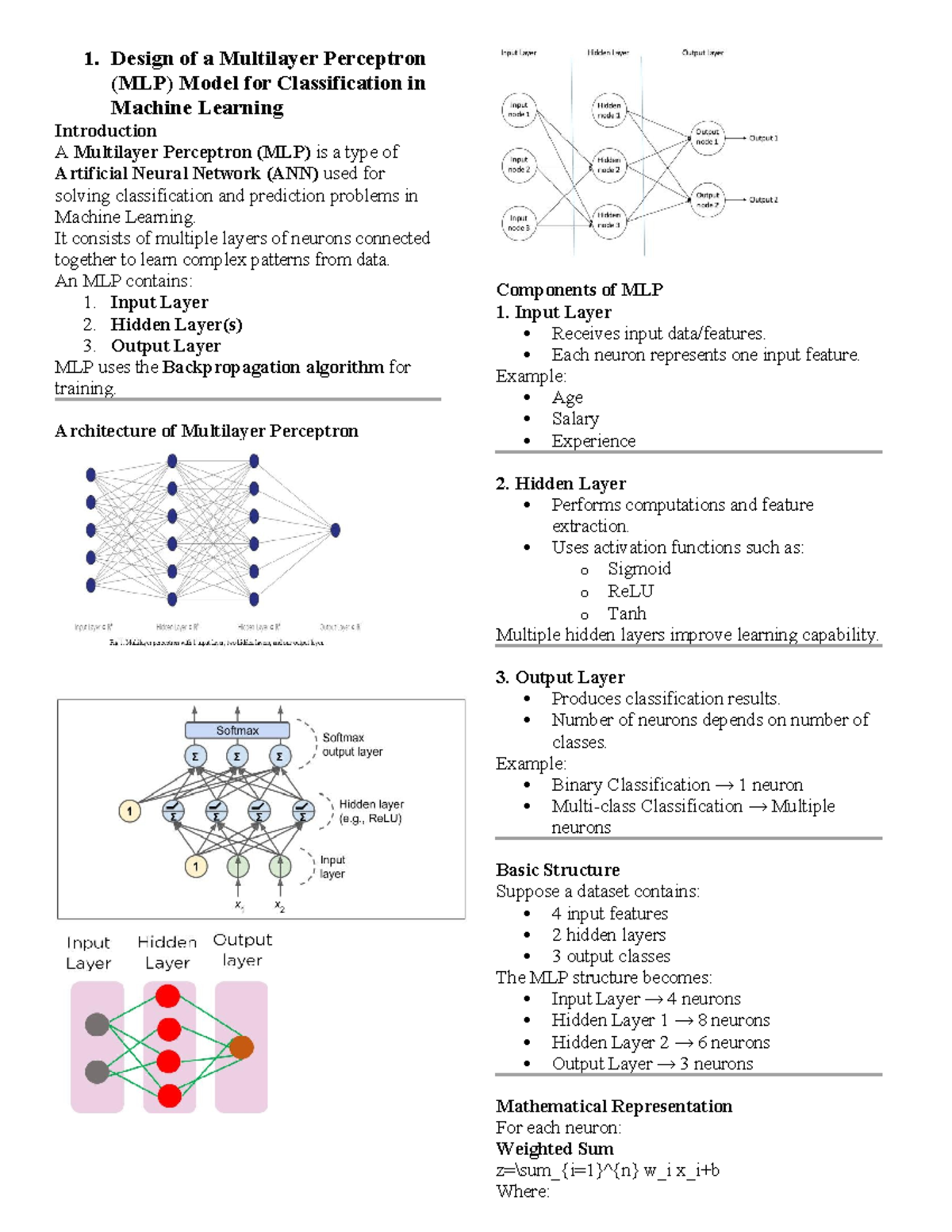 Design of MLP Model for Classification in ML (CS101) - Studocu