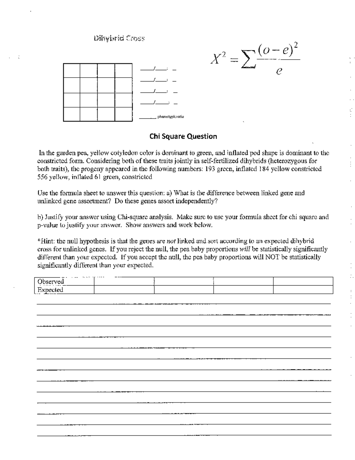 Chi Square Analysis of Dihybrid Cross: Phenotypic Ratios and Gene ...
