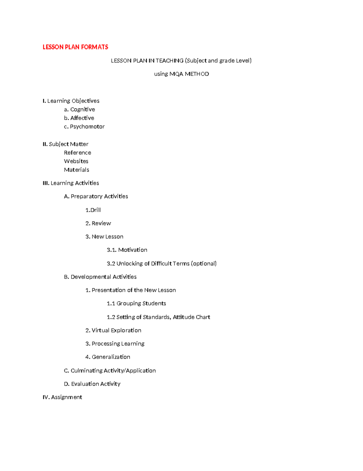 LP-format-updated - LESSON PLAN - LESSON PLAN FORMATS LESSON PLAN IN ...