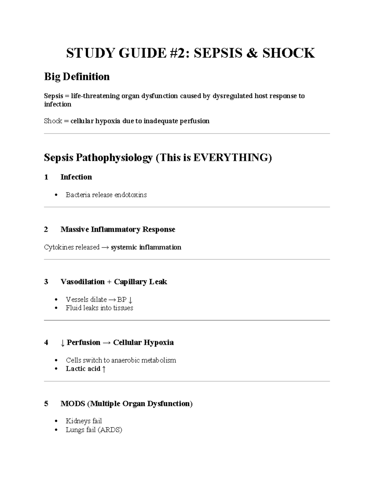 Study Guide #2: Sepsis Shock & Pathophysiology Overview - Studocu