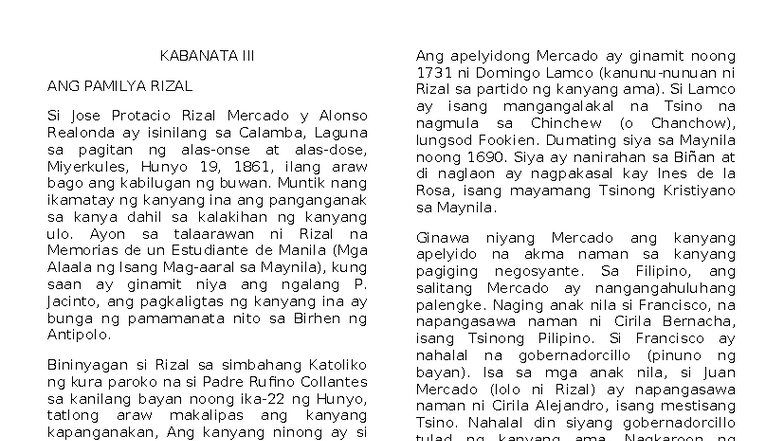 Aralin 3: Pamilya Rizal at ang Kanilang Kasaysayan - Studocu
