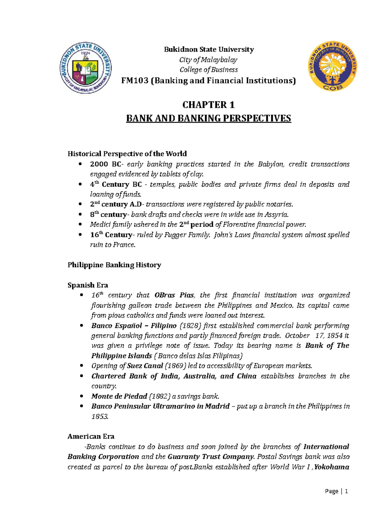 Chapter 1 Bank and Banking Perspective - Bukidnon State University City ...