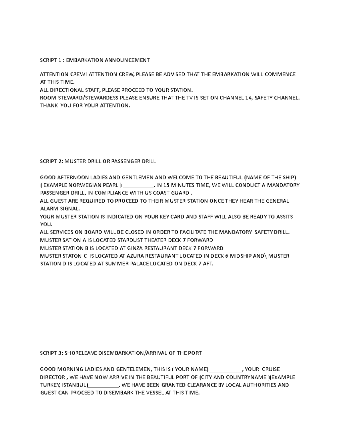 Cruise SHIP Script for Embarkation & Disembarkation Announcements - Studocu