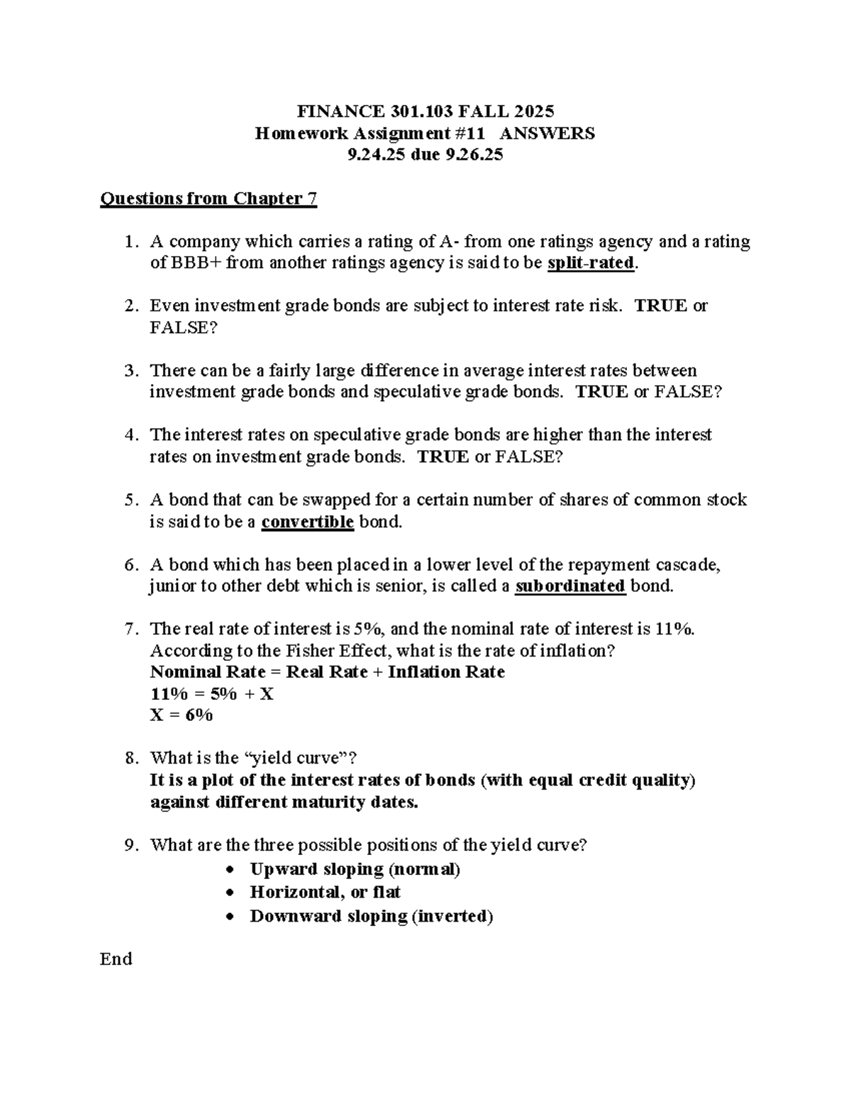 FINANCE 301.103 FALL 2025 Homework Assignment #11 Answers (Ch 7) - Studocu