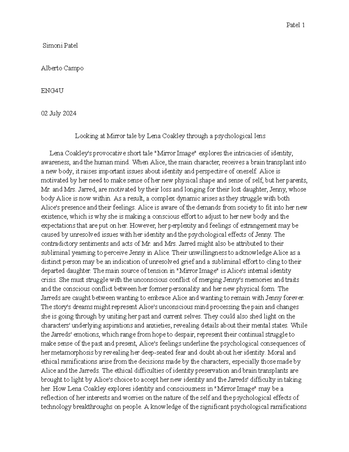 ENG4U Essay: Psychological Analysis of "Looking at Mirror" by Lena ...