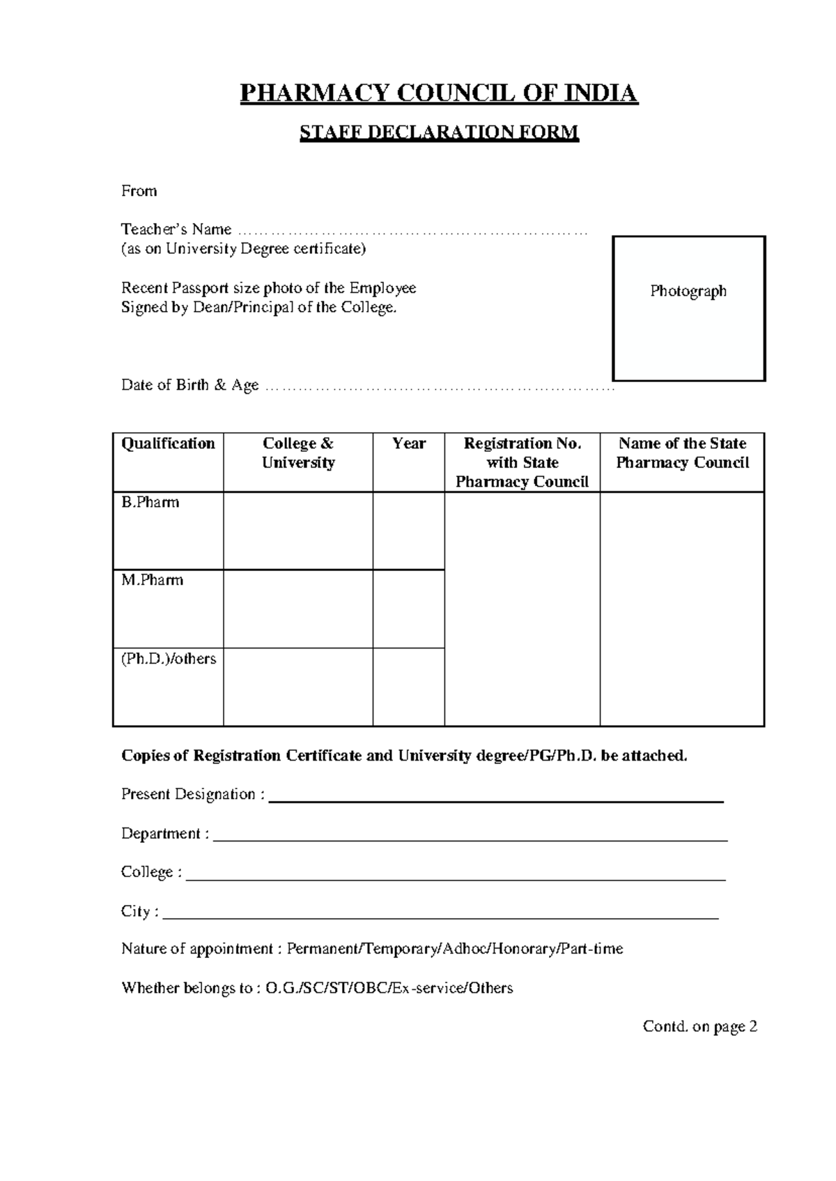 PHARMACY COUNCIL OF INDIA STAFF DECLARATION FORM (SDF1) - Studocu