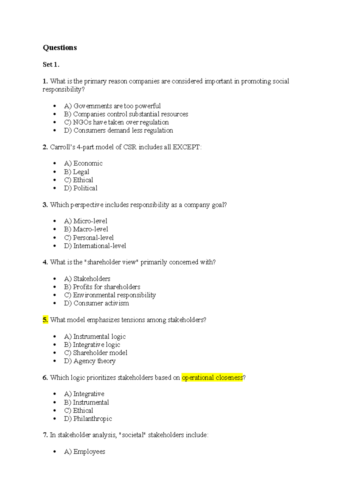 MC Questions for Exercising CSR Concepts - Set 1 & 2 - Studocu