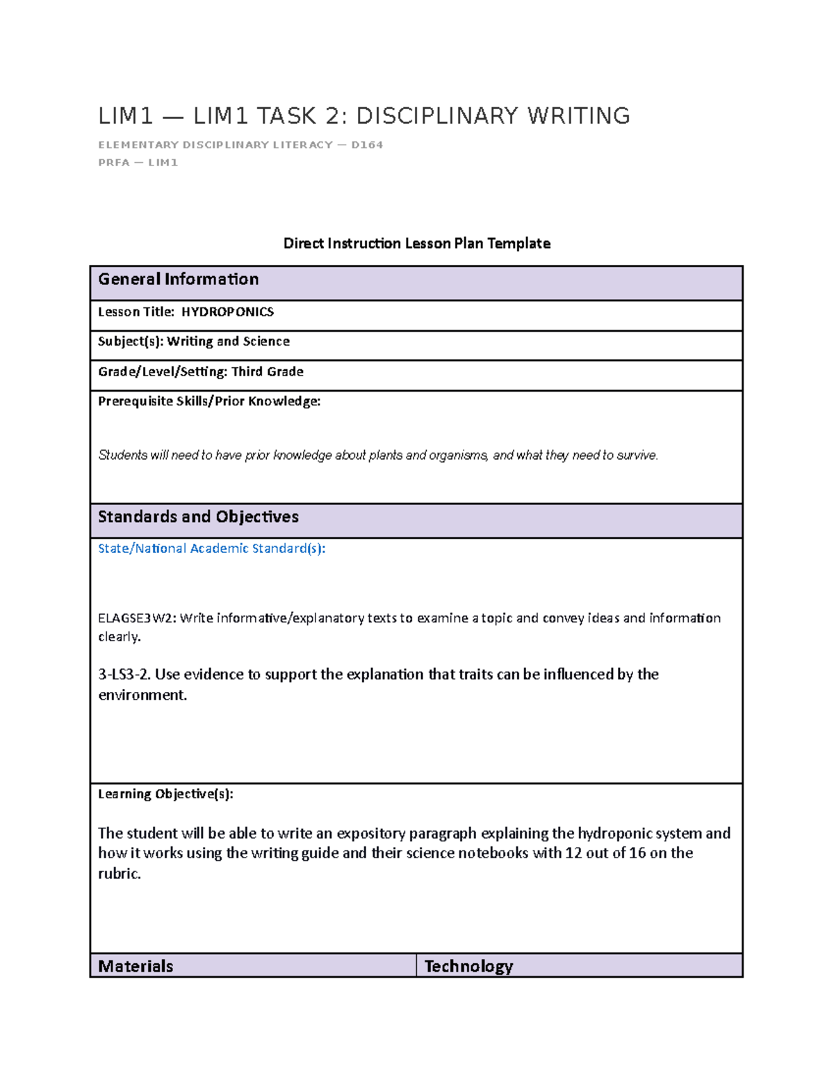 D164 Task 2 - Task 2 - LIM1 — LIM1 TASK 2: DISCIPLINARY WRITING ...