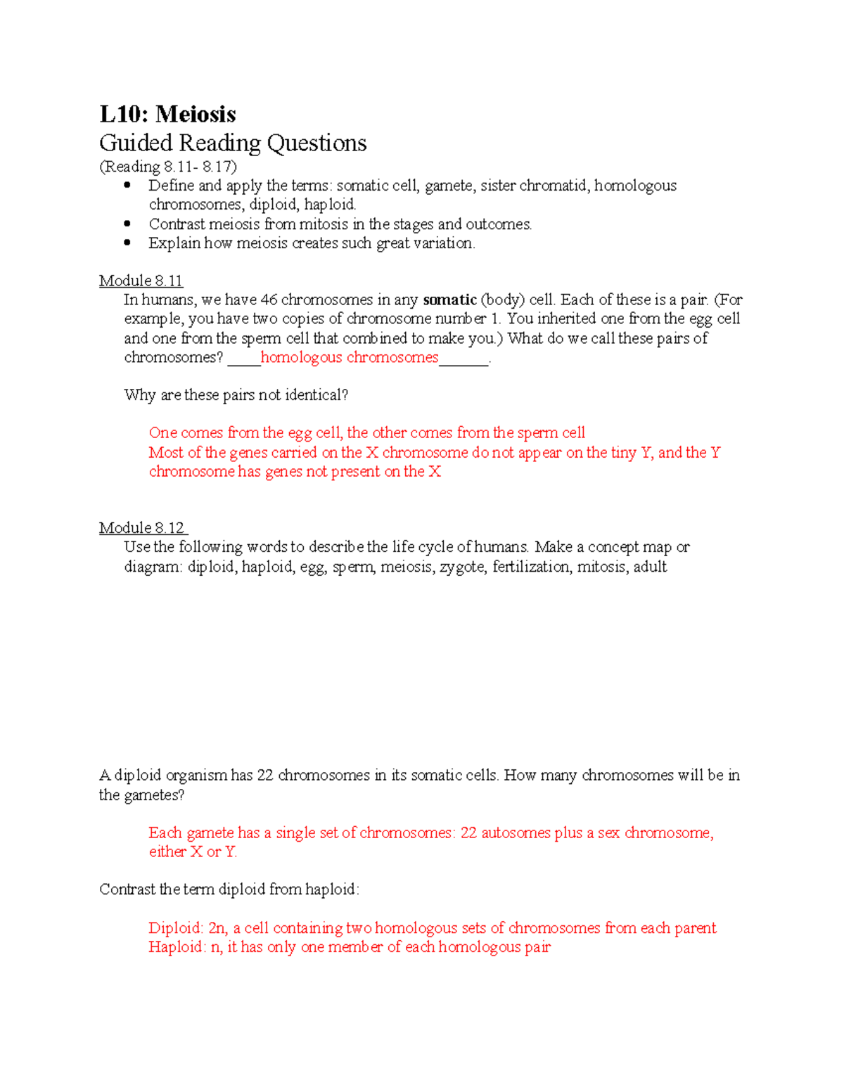 BIOL 101 Lesson 10 Guided Reading Questions on Meiosis - Studocu