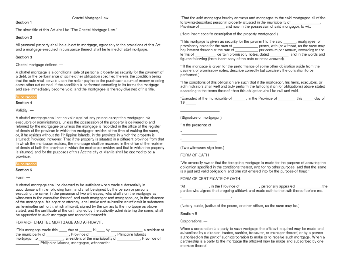 Chattel-Mortgage-Law: Overview and Key Provisions Analysis - Studocu
