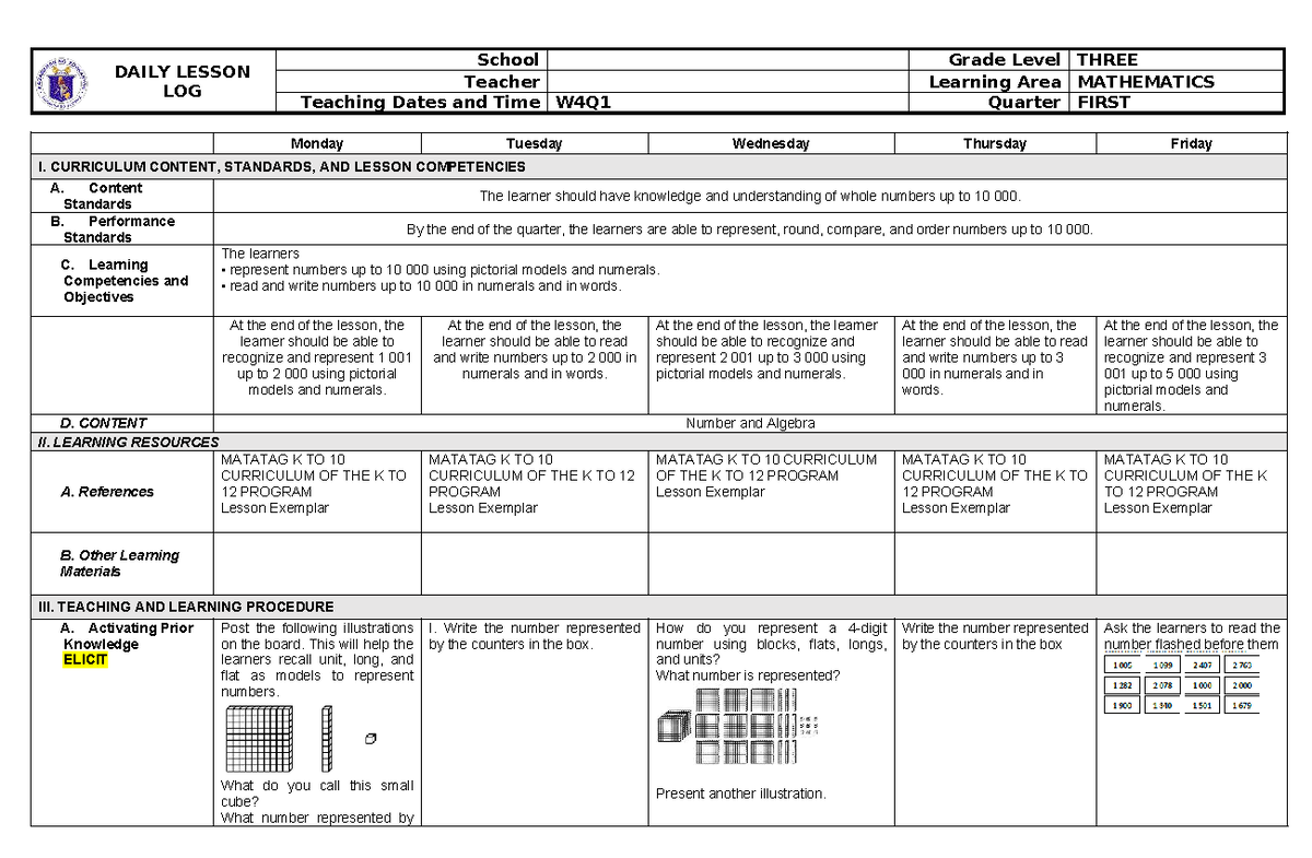 MATH-DLL-W4Q1: Daily Lesson Log for Grade 3 Mathematics - Studocu