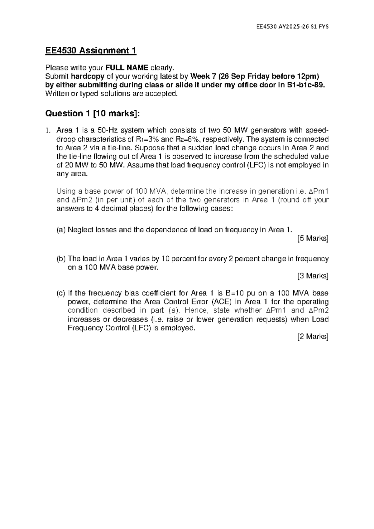 EE4530 S1 Assignment 1: Load Frequency Control Analysis - Studocu