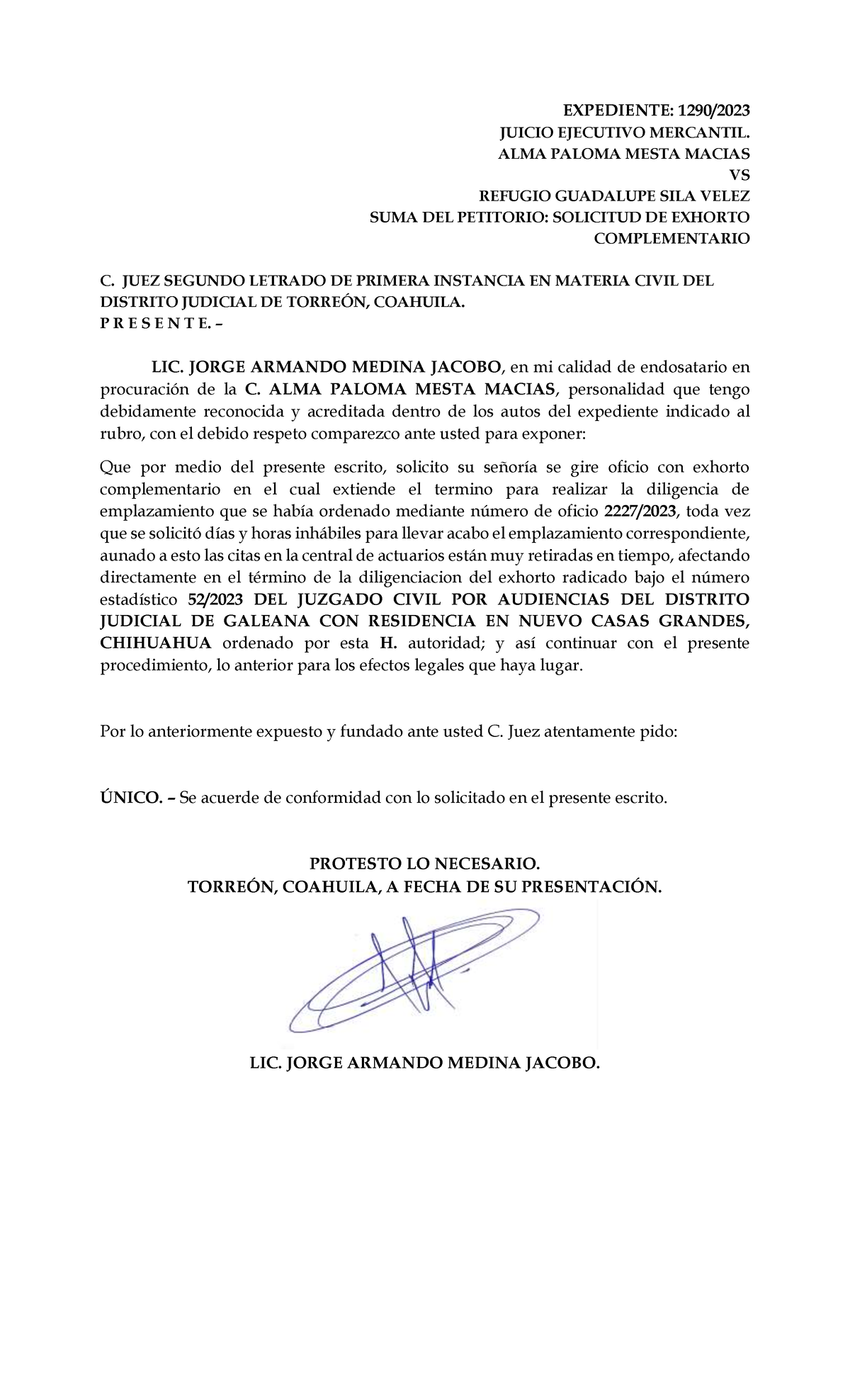 ESCRITO DE Exhorto Complementario en Juicio Ejecutivo Mercantil - Studocu